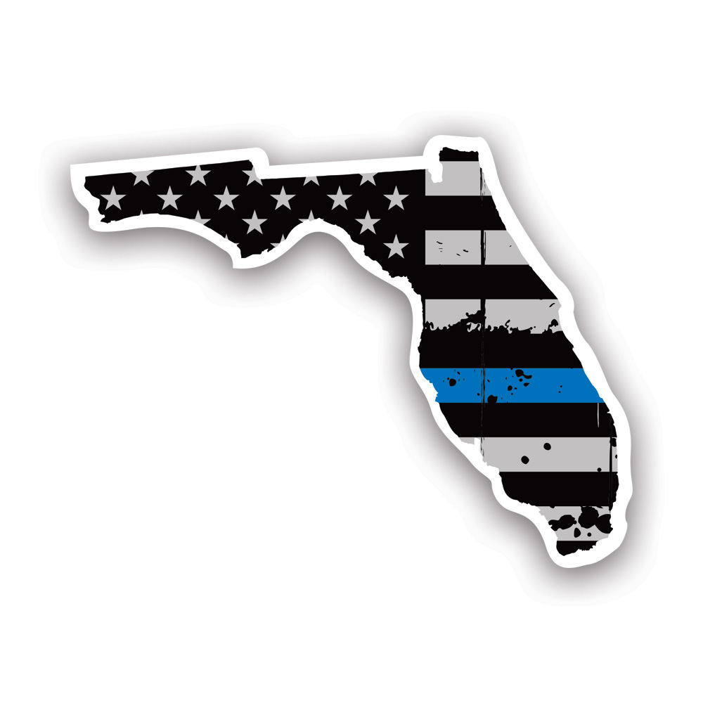 Distressed Thin Blue Line Florida State Shaped Subdued US Flag Sticker ...