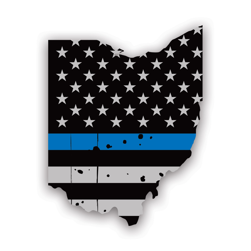 Distressed Ohio State Shaped Subdued US Flag Thin Blue Line Sticker ...